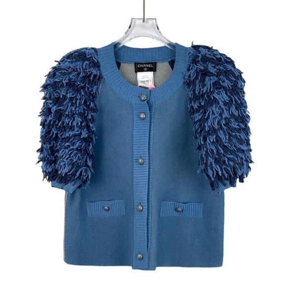 CHANEL | Sweaters | Chanel Blue Fringe Cotton Crew Neck Singlebreasted ...